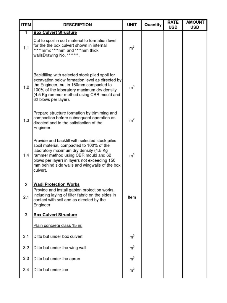 Boq For Box Culvert | PDF | Concrete | Structural Engineering