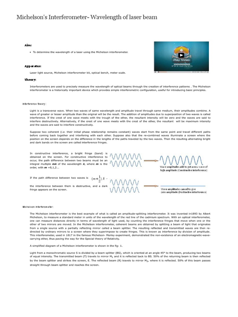 Michelson's Interferometer-Wavelength of Laser Beam: Interference Theory | PDF | Interferometry ...
