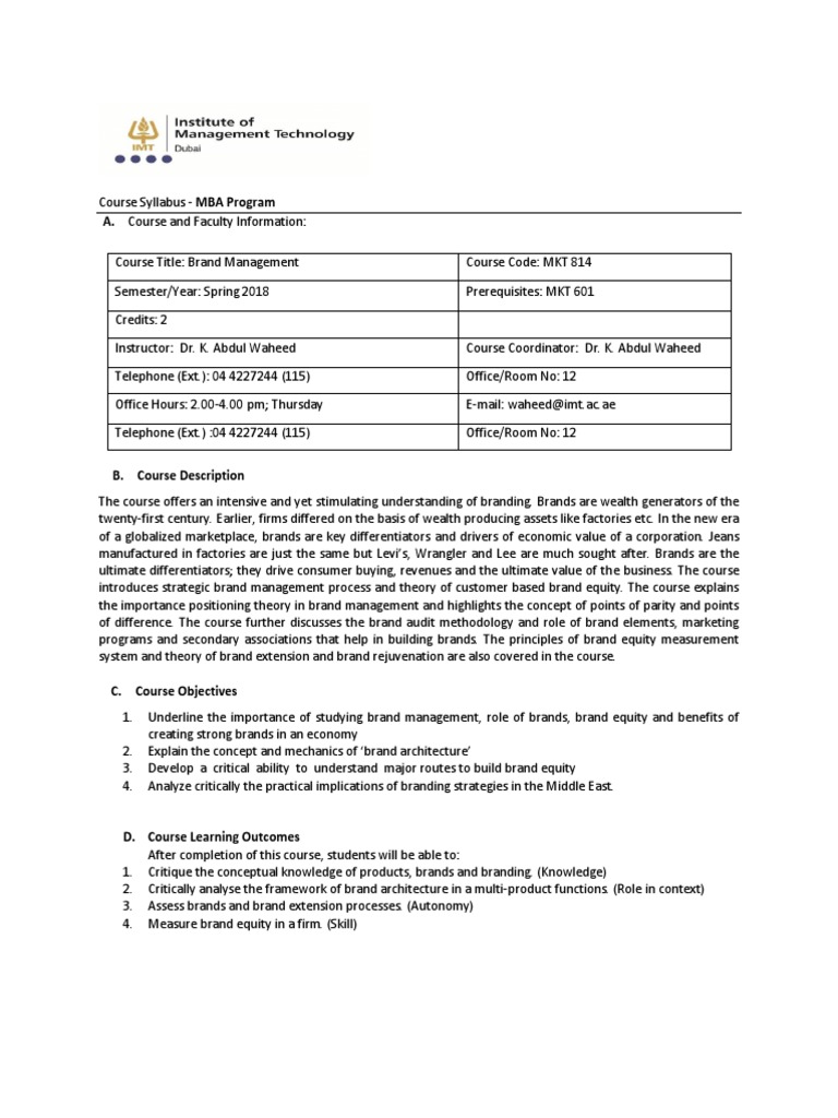 Brand Management Course Syllabus | PDF | Rubric (Academic) | Brand