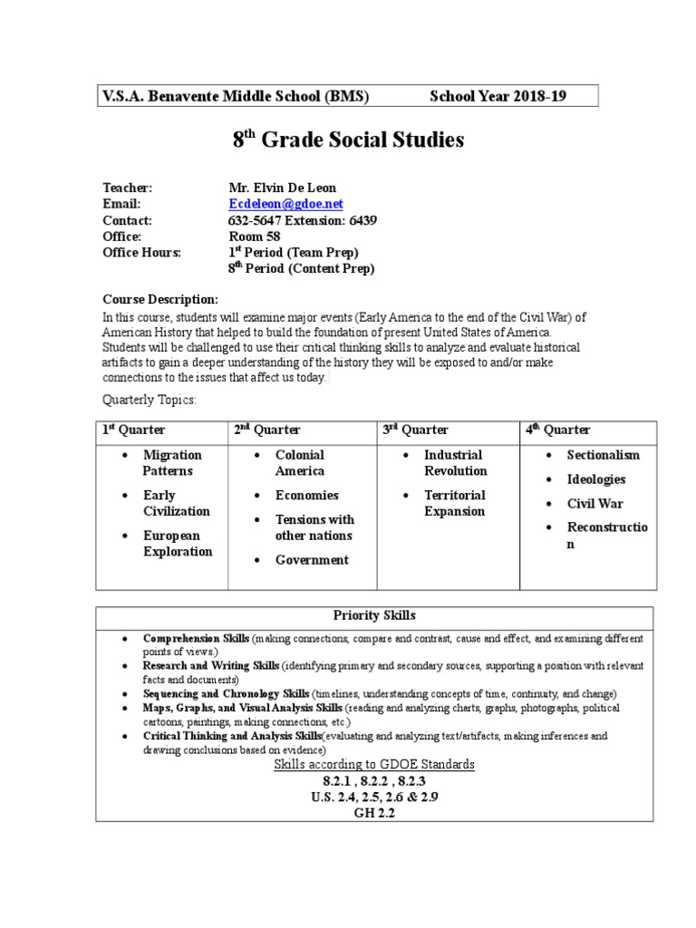8 Grade Social Studies: V.S.A. Benavente Middle School (BMS) School ...
