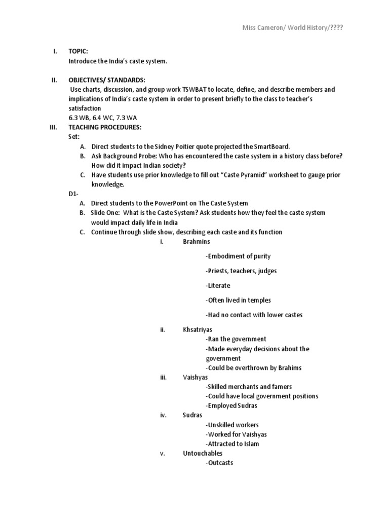 Caste System Lesson Plan | PDF | Caste | Psychology