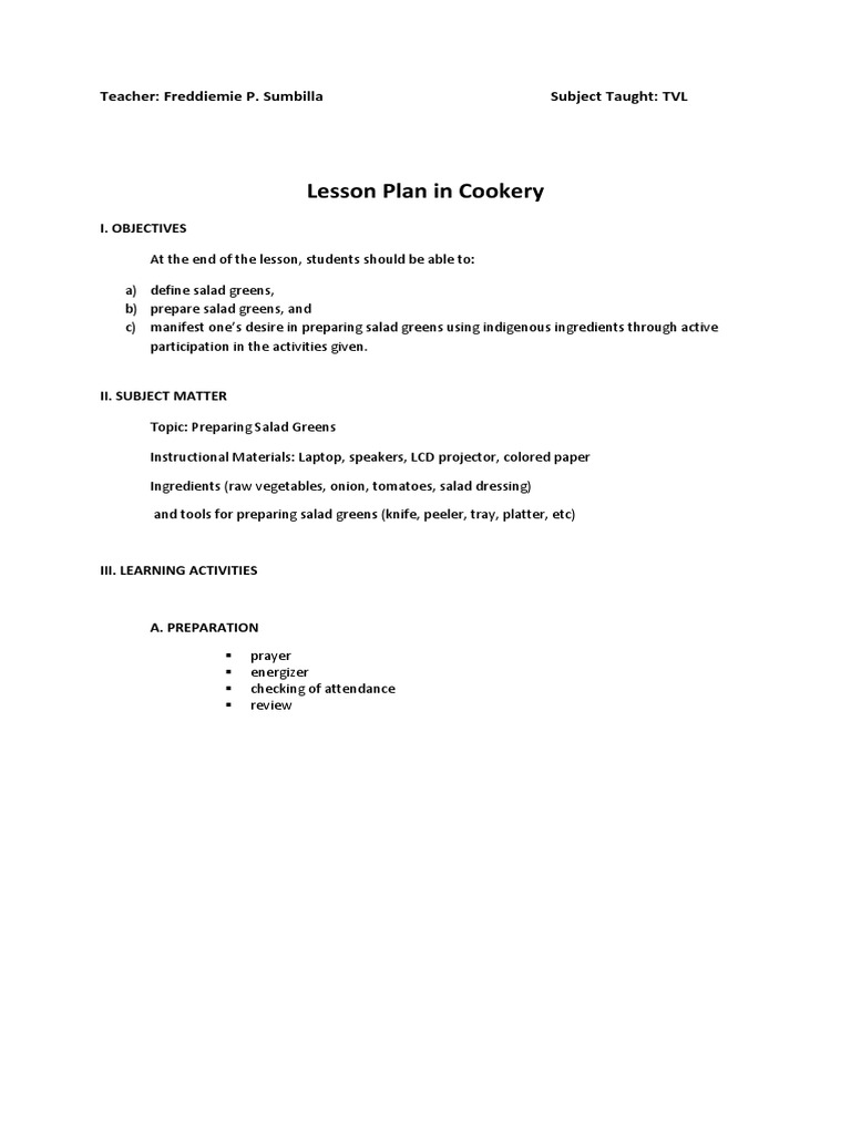 Lesson Plan in Cookery: Teacher: Freddiemie P. Sumbilla Subject Taught ...