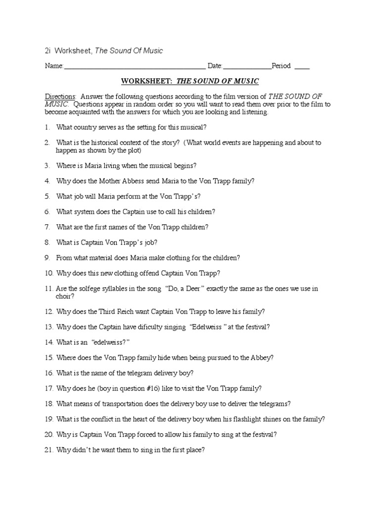 Sound of Music Worksheet | PDF