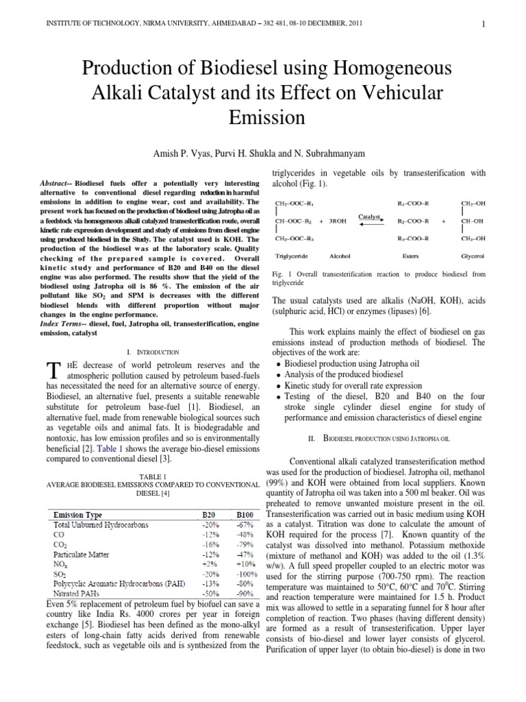Production of Biodiesel Using Homogeneous Alkali Catalyst and Its ...