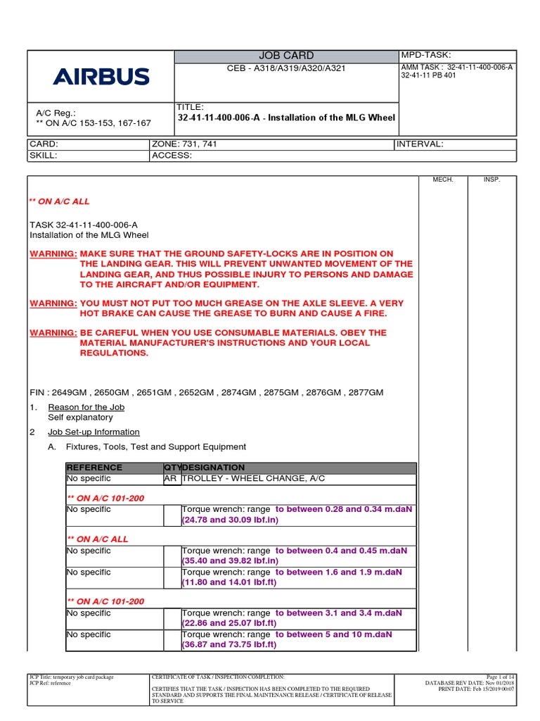 Temporary Job Card Package - 32-41-11-400-006-A - Installation of the MLG Wheel | PDF | Axle ...