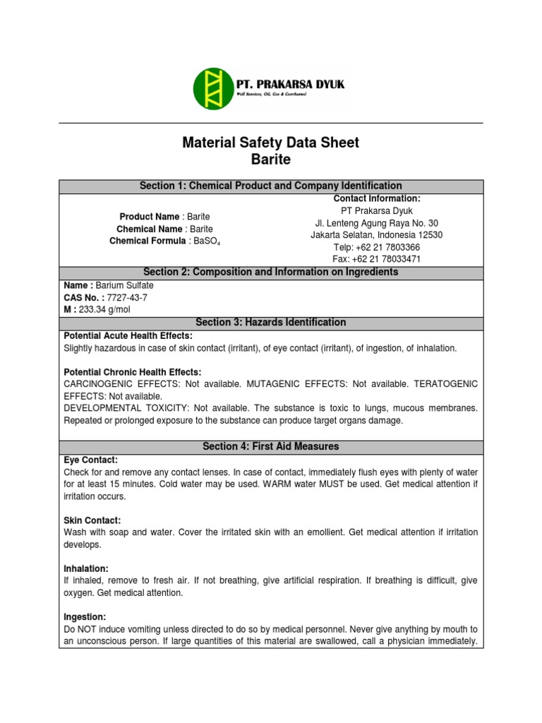 Barite MSDS: Health and Safety Information | PDF | Toxicity ...
