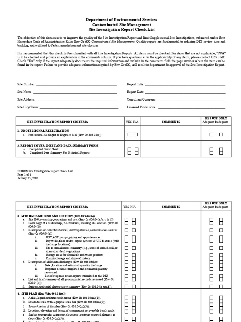 Site Investigation Report Checklist | PDF | Hydrogeology | Groundwater