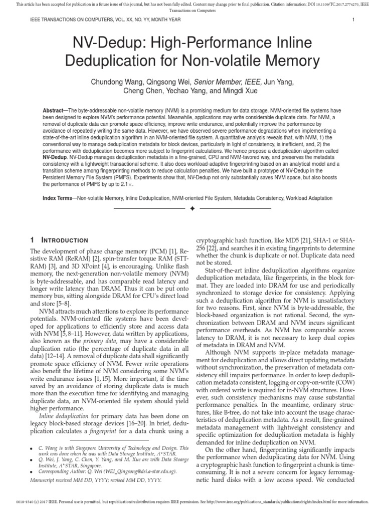 High-Performance Inline Deduplication for NVM | PDF | File System | Random Access Memory