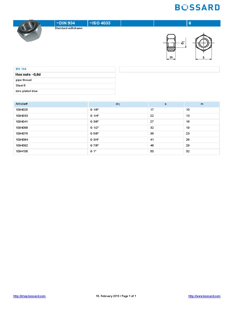 DIN 934 ISO 4033 6: Hex Nuts 0,8d | PDF