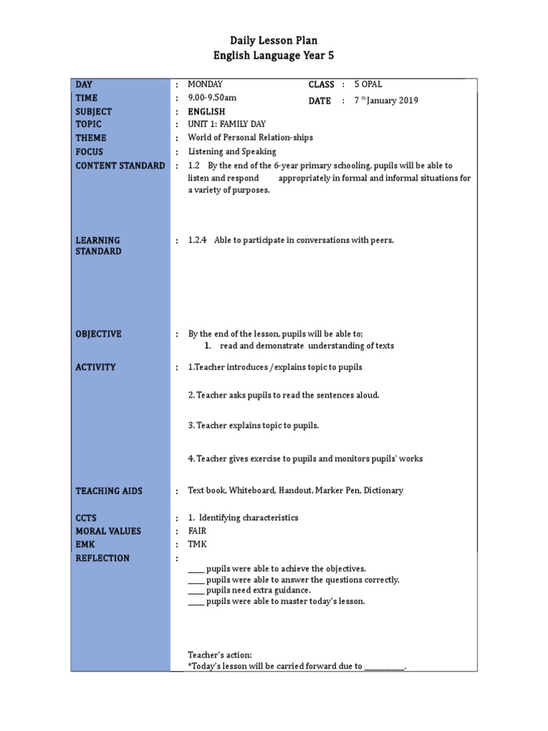 Daily Lesson Plan English Language Year 5 | PDF | Lesson Plan | Teachers