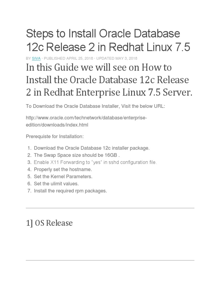 Steps To Install Oracle Database 12c Release 2 In Redhat Linux 7 5 Pdf Oracle Database Red Hat