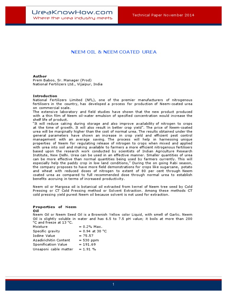 Neem Oil & Neem Coated Urea: Author | PDF | Urea | Fertilizer