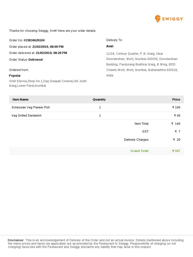 Swiggy Order 33834620104 | PDF | Payments | Business