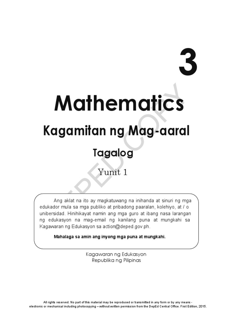MATHEMATICS 3 LM Tagalog - Yunit 1 PDF | PDF