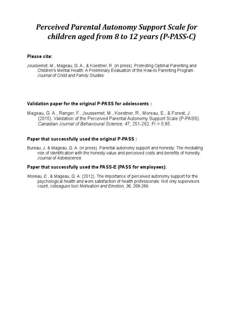 Perceived Parental Autonomy Support Scale For Children Aged From 8 To ...