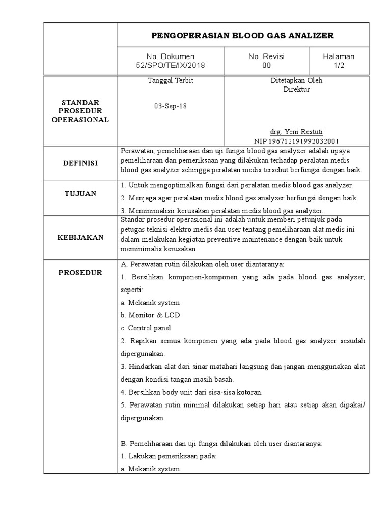 Sop Blood Gas Analyzer | PDF