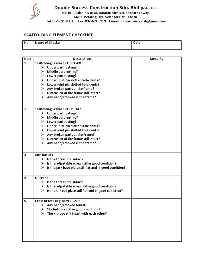 Scaffolding Element Checklist | PDF | Metalworking | Mechanical Engineering