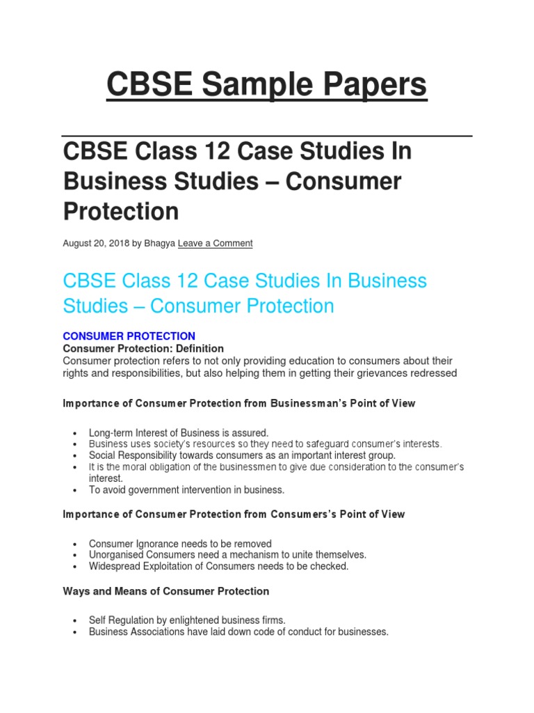 CBSE Sample Papers: CBSE Class 12 Case Studies in Business Studies ...