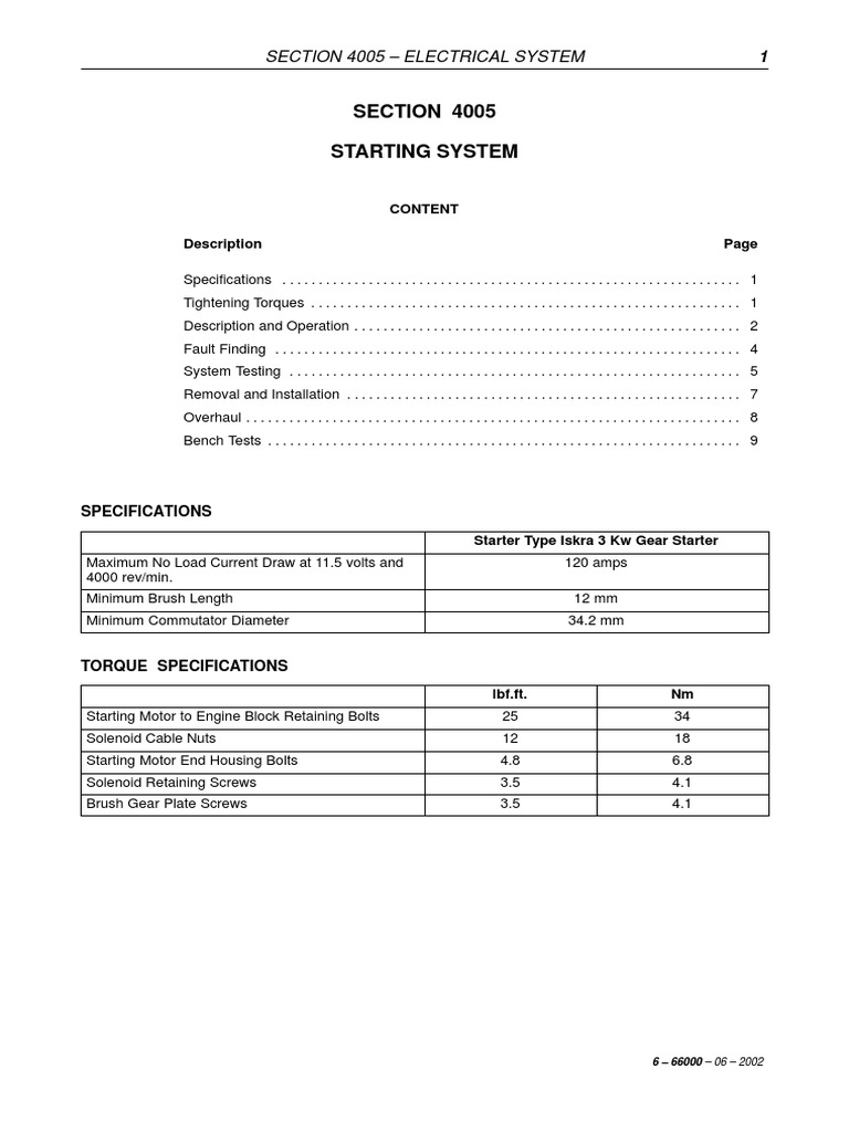 Electrical System Section Details Starter Specs and Operation | PDF ...
