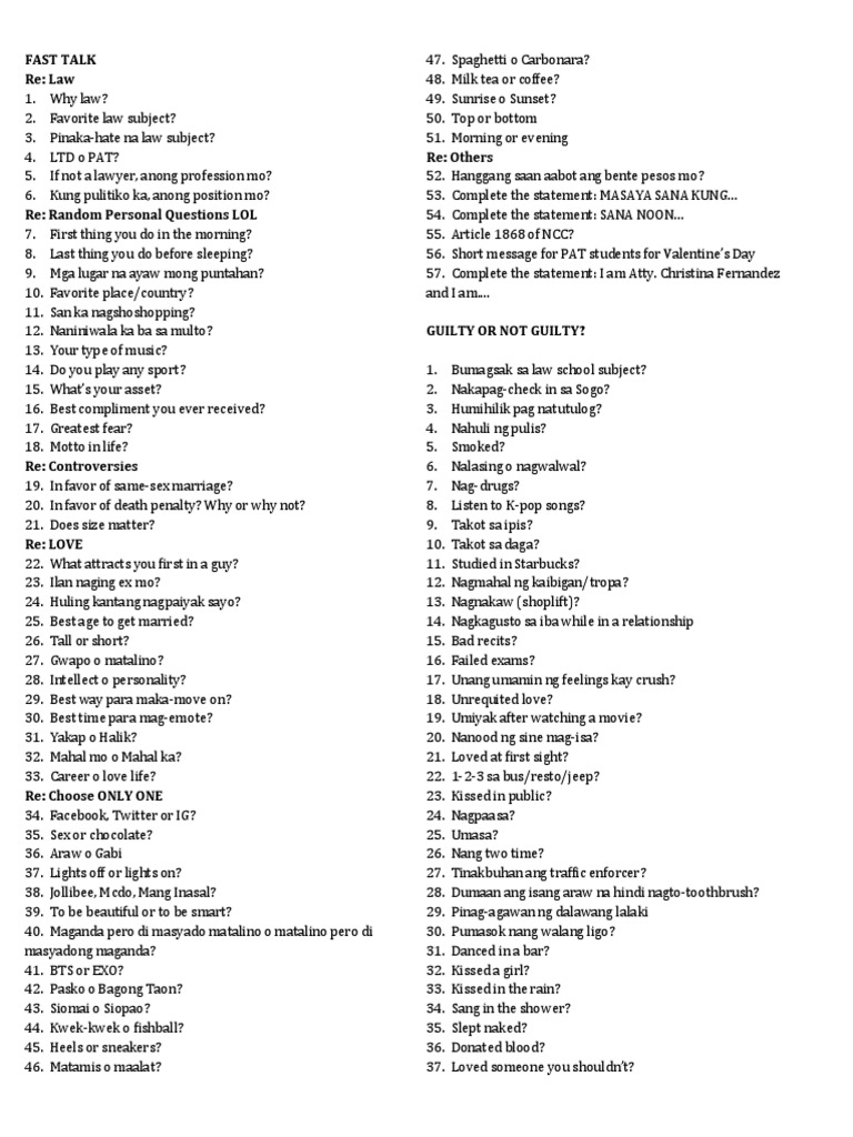 Fast Talk and Guilty or Not Guilty Questions