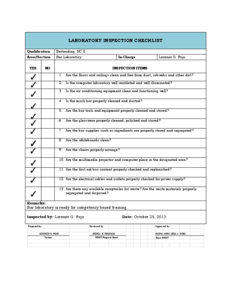 Housekeeping Inspection Checklist-Bartending NC II | PDF