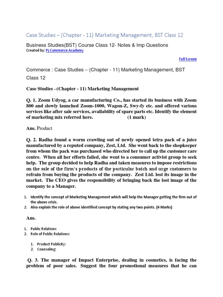 Case Studies - (Chapter - 11) Marketing Management, BST Class 12 | PDF ...