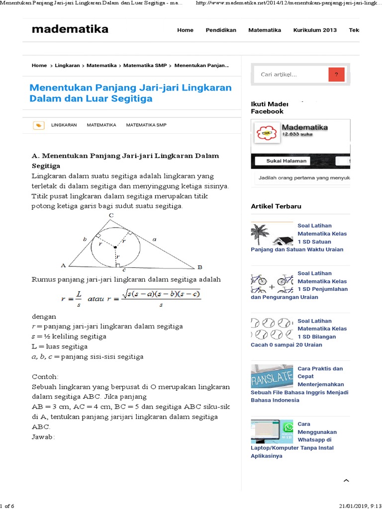 Menentukan Panjang Jari-Jari Lingkaran Dalam Dan Luar Segitiga ...