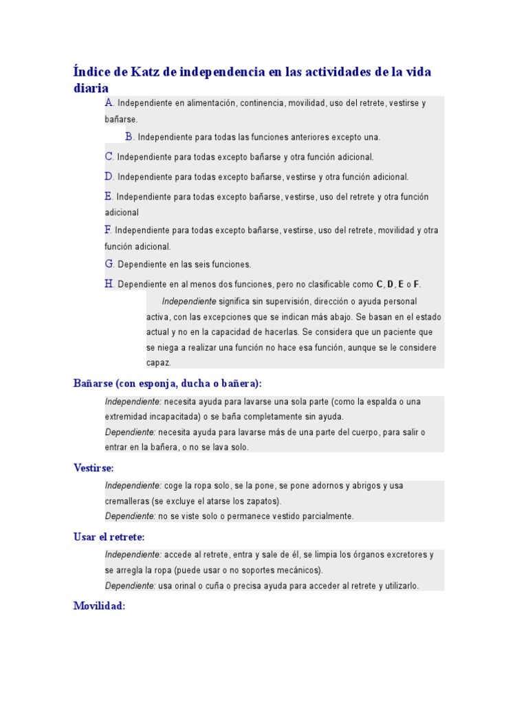 Índice de Katz de Independencia en Las Actividades de La Vida Diaria ...