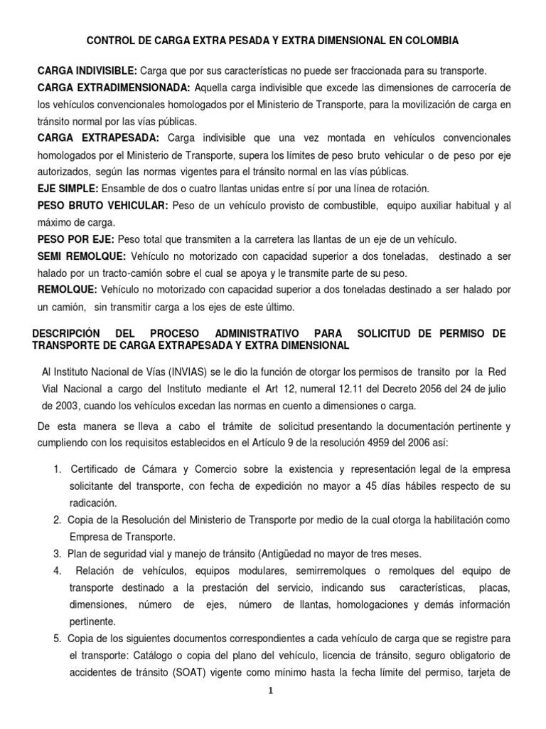 Control de Carga Extra Pesada y Extra Dimensional en Colombia | PDF | Eje | Transporte