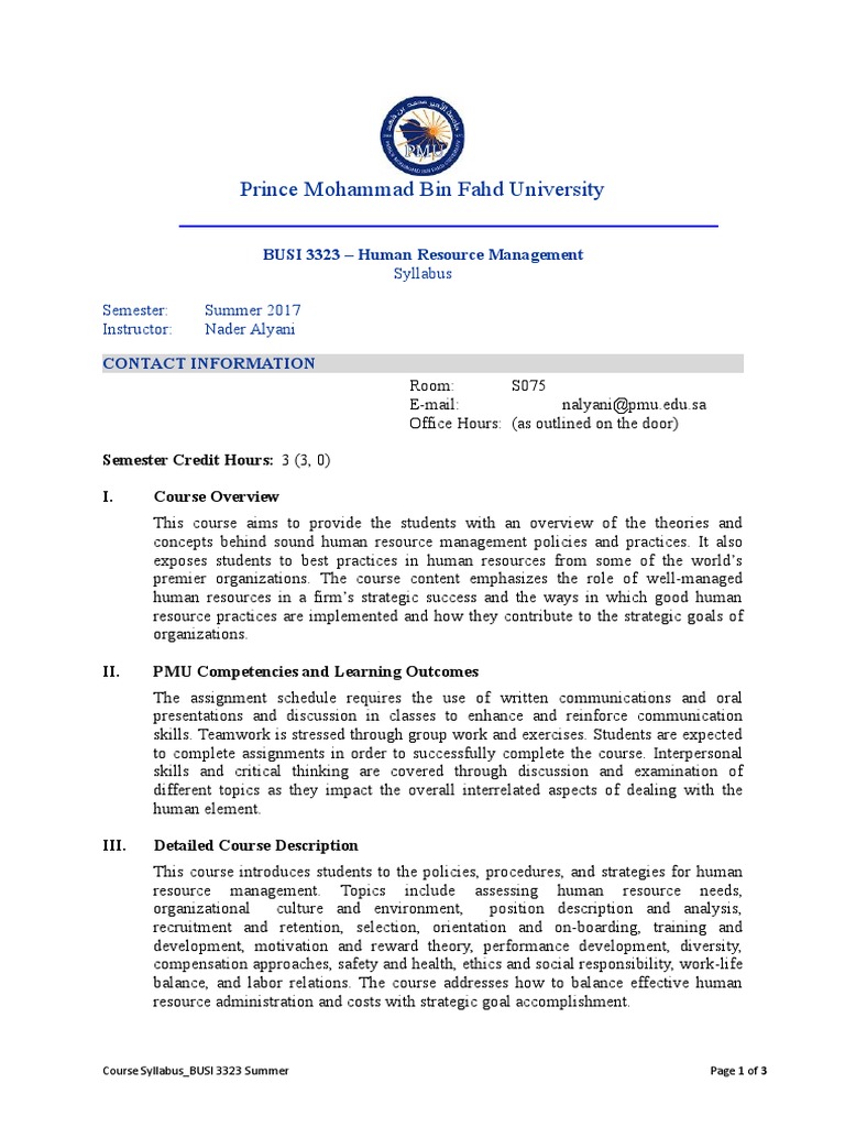 BUSI 3323 Human Resource Management SSySummer072017 | PDF | Human ...