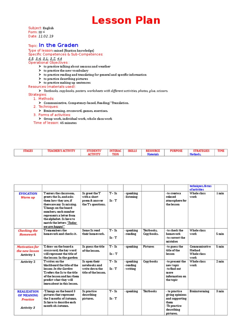Class 3 Lesson Plan: In the Garden | PDF | Lesson Plan | Education Theory