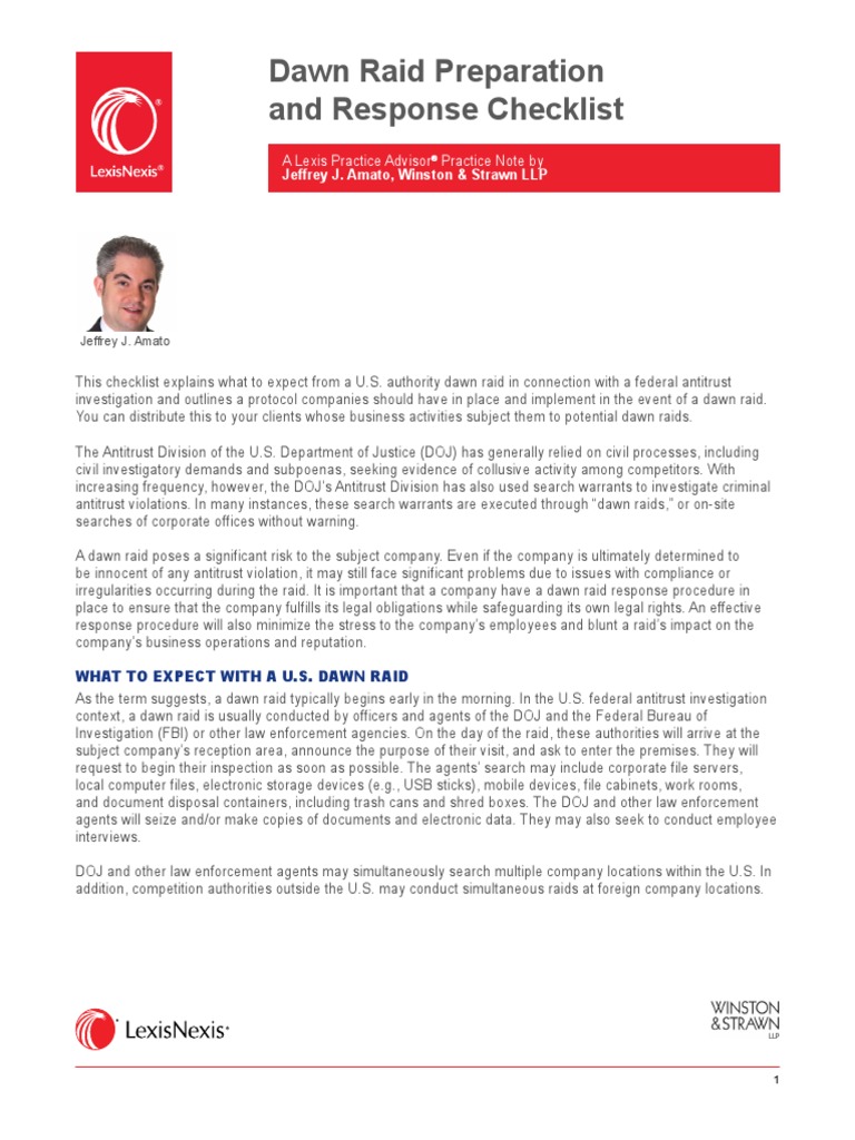 Dawn Raid Preparation and Response Checklist: Jeffrey J. Amato, Winston ...