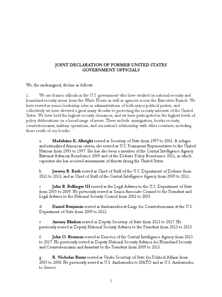 Joint Declaration of Former United Government Officials On National ...