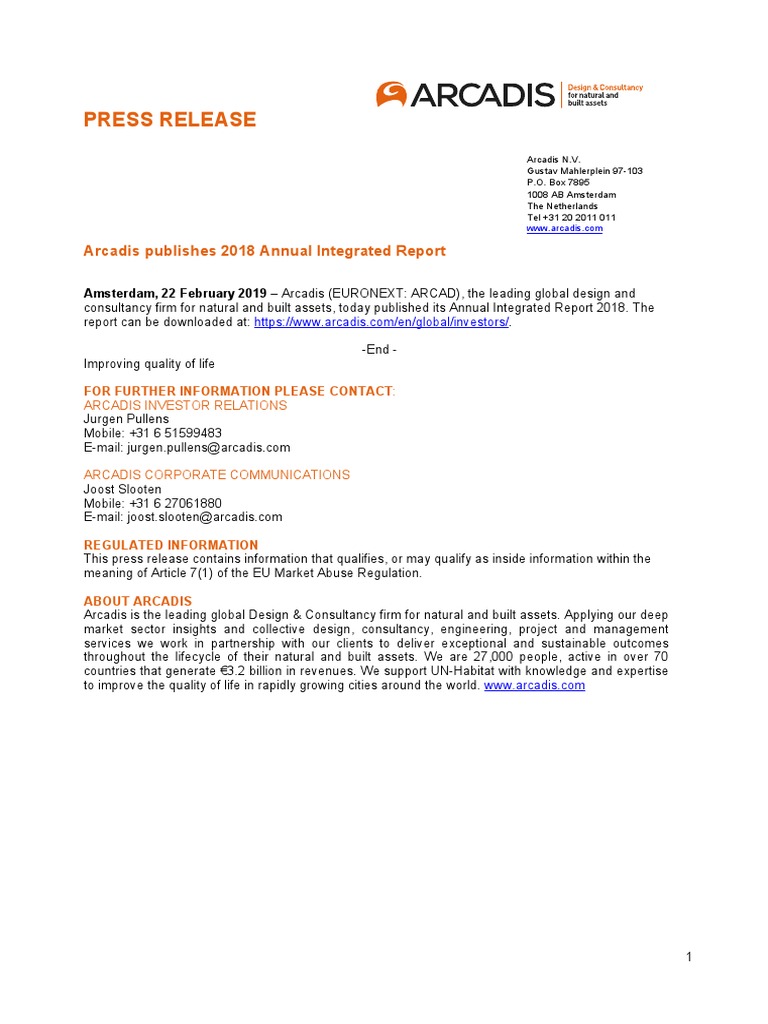 Arcadis Publishes 2018 Annual Integrated Report | PDF