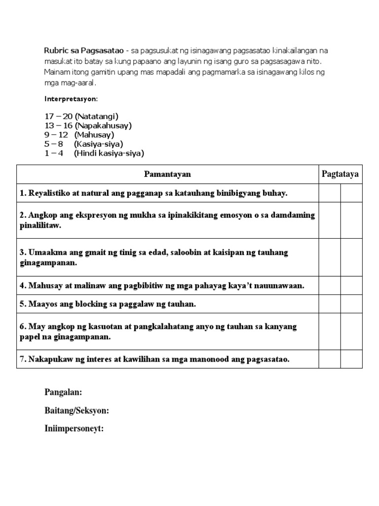 Rubric Sa Pagsasatao | PDF