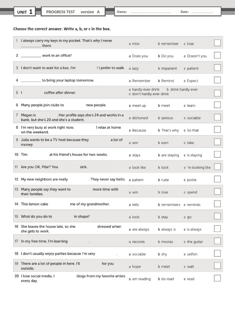 Progress Test A: Choose The Correct Answer. Write A, B, or C in The Box ...