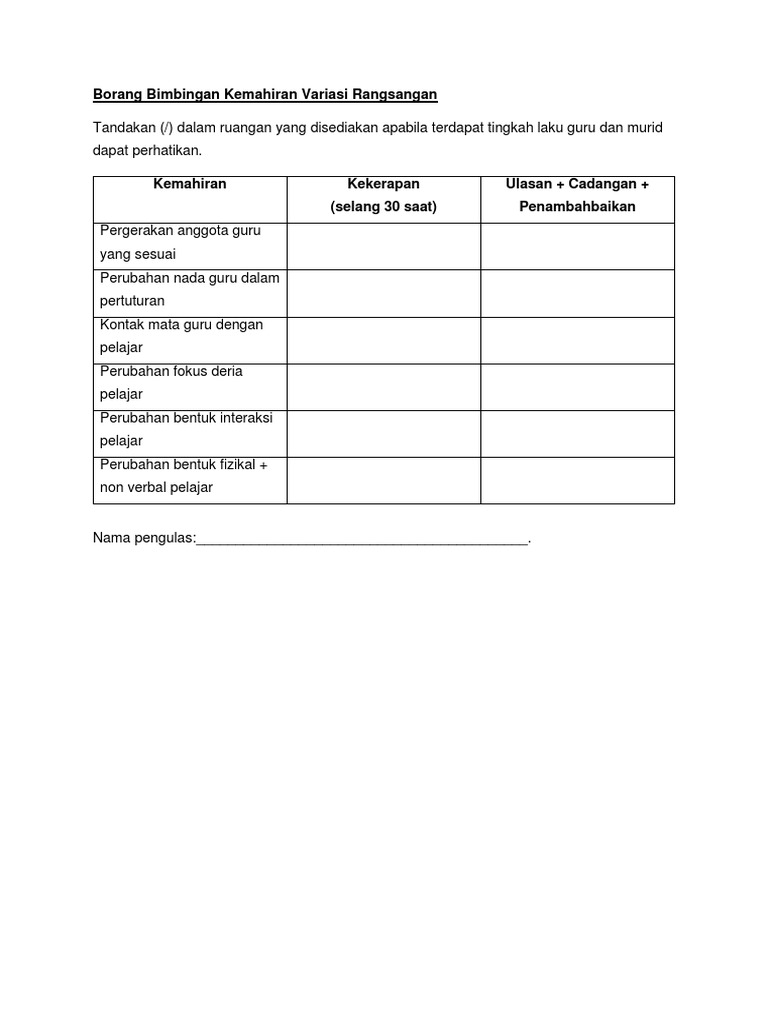 Borang Bimbingan Kemahiran Variasi Rangsangan | PDF
