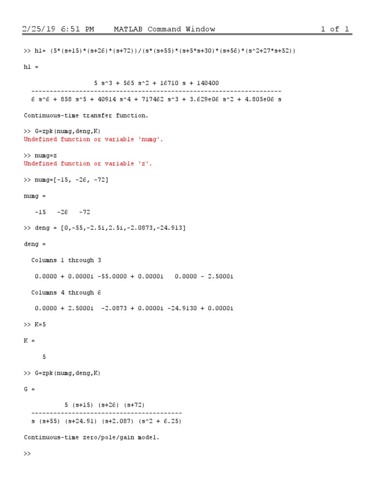 2/25/19 6:51 PM MATLAB Command Window 1 of 1: Undefined Function or Variable 'Numg' | PDF ...