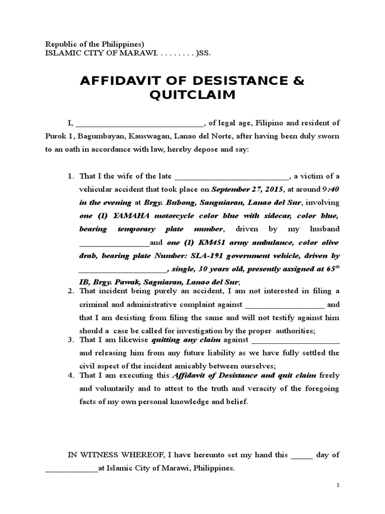 Sample Affidavit of Desistance and Quitclaim | PDF | Affidavit | Civil Law (Common Law)
