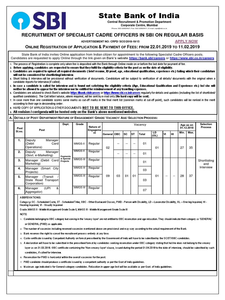 Sbi Notification For So | PDF | Image Scanner | Master Of Business ...