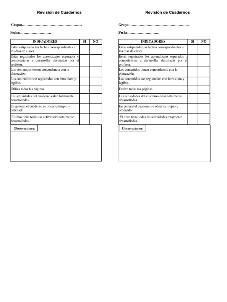 Lista de Cotejo para Revisión de Cuadernos | PDF