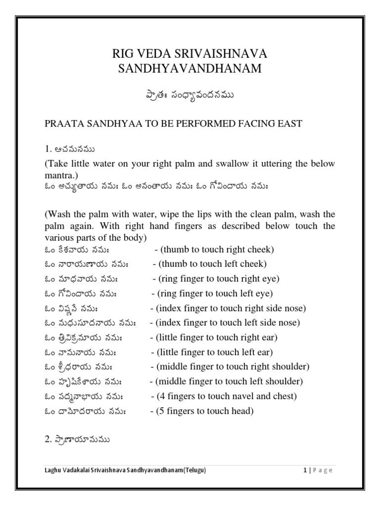 Rig Veda Sandhyavandhanam Telugu PDF | PDF | Limbs (Anatomy) | Hand
