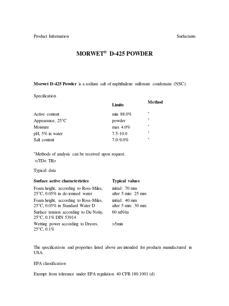 Morwet D-425 Powder | PDF | Surfactant | Chemistry