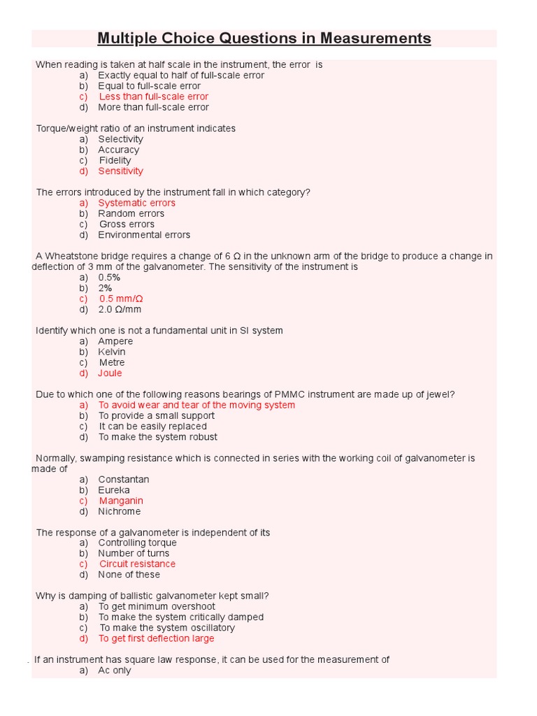 Multiple Choice Questions in Measurements: C) Less Than Full-Scale ...