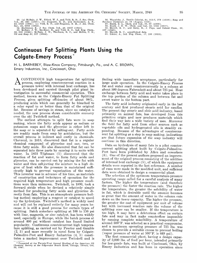 Continuous Fat Splitting Plants Using The Colgate-Emery Process | PDF
