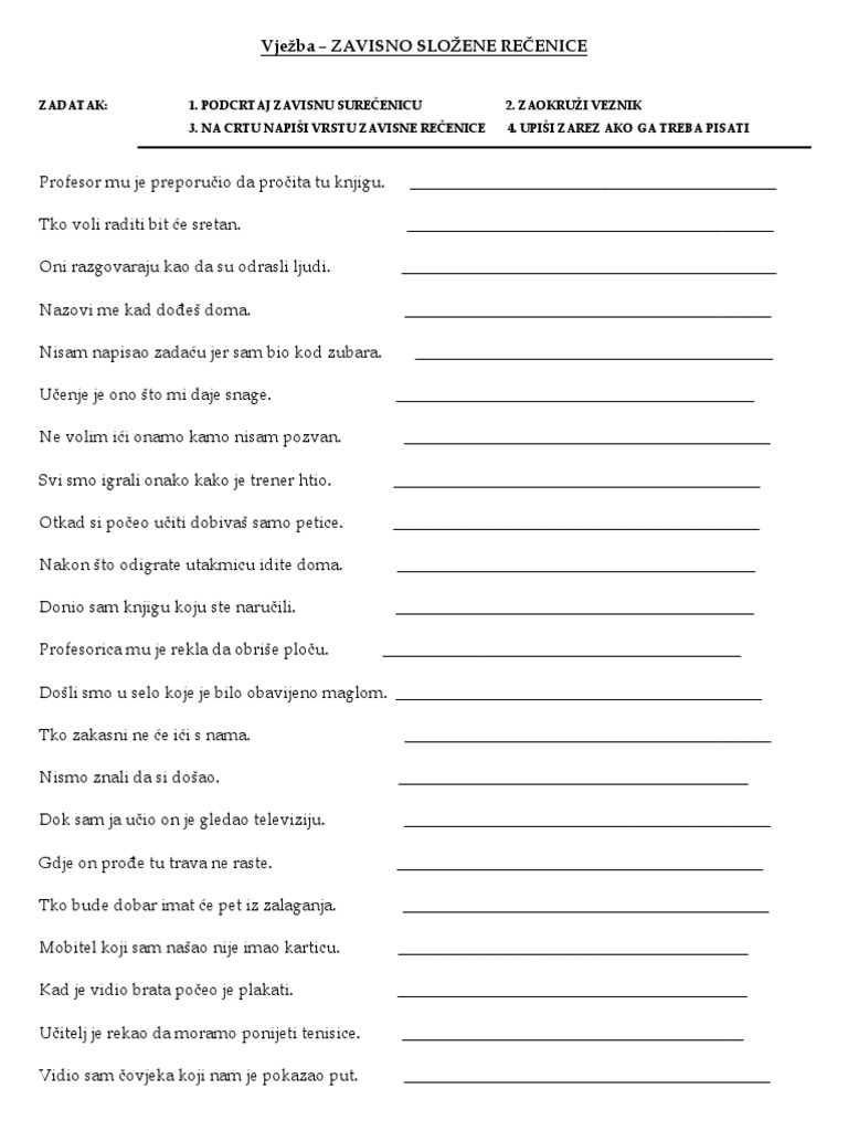 Vjezba - ZAVISNO SLOZENE RECENICE | PDF
