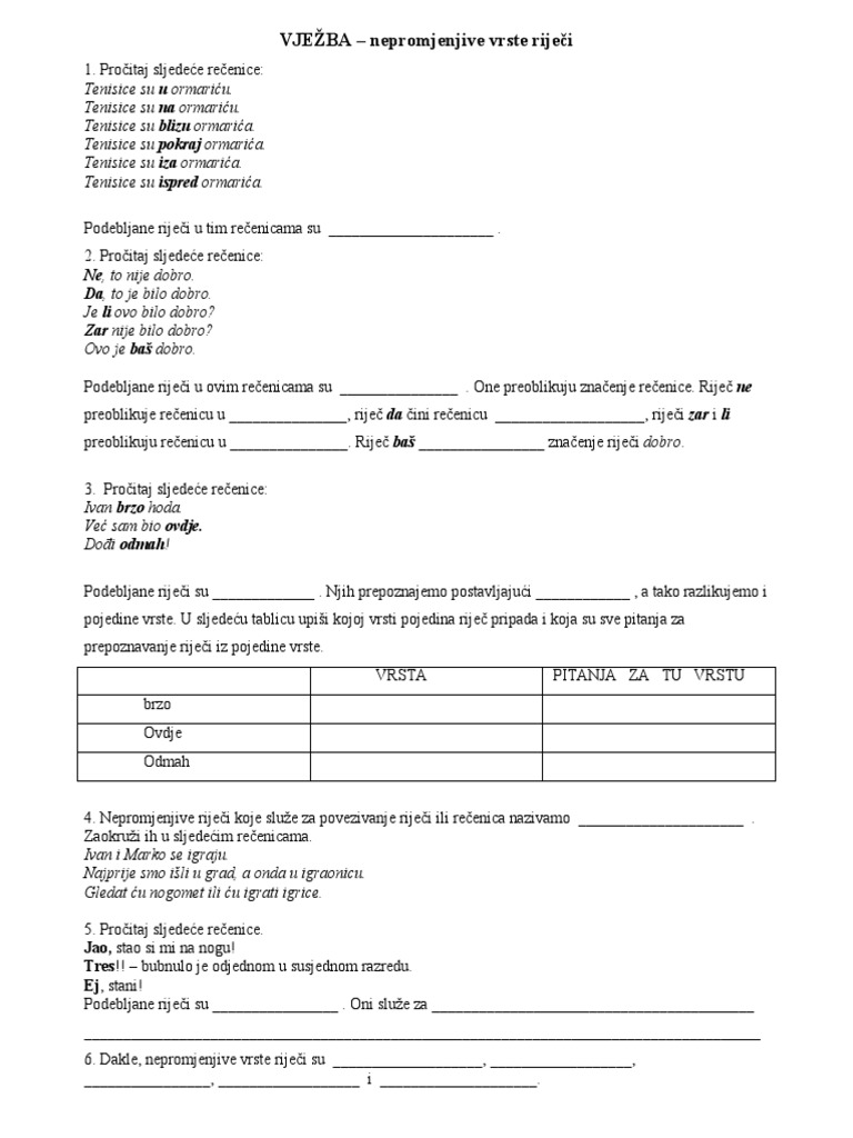 Vjezba - Nepromjenjive Vrste Rijeci | PDF