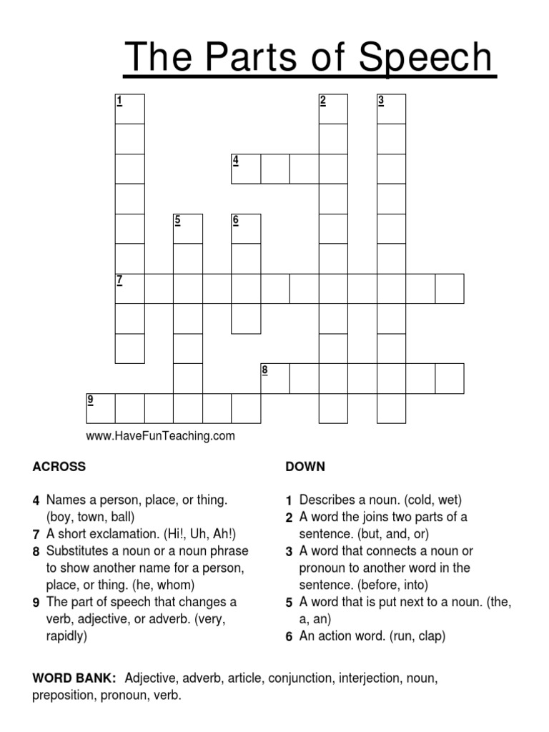 Parts of Speech Crossword Puzzle | PDF