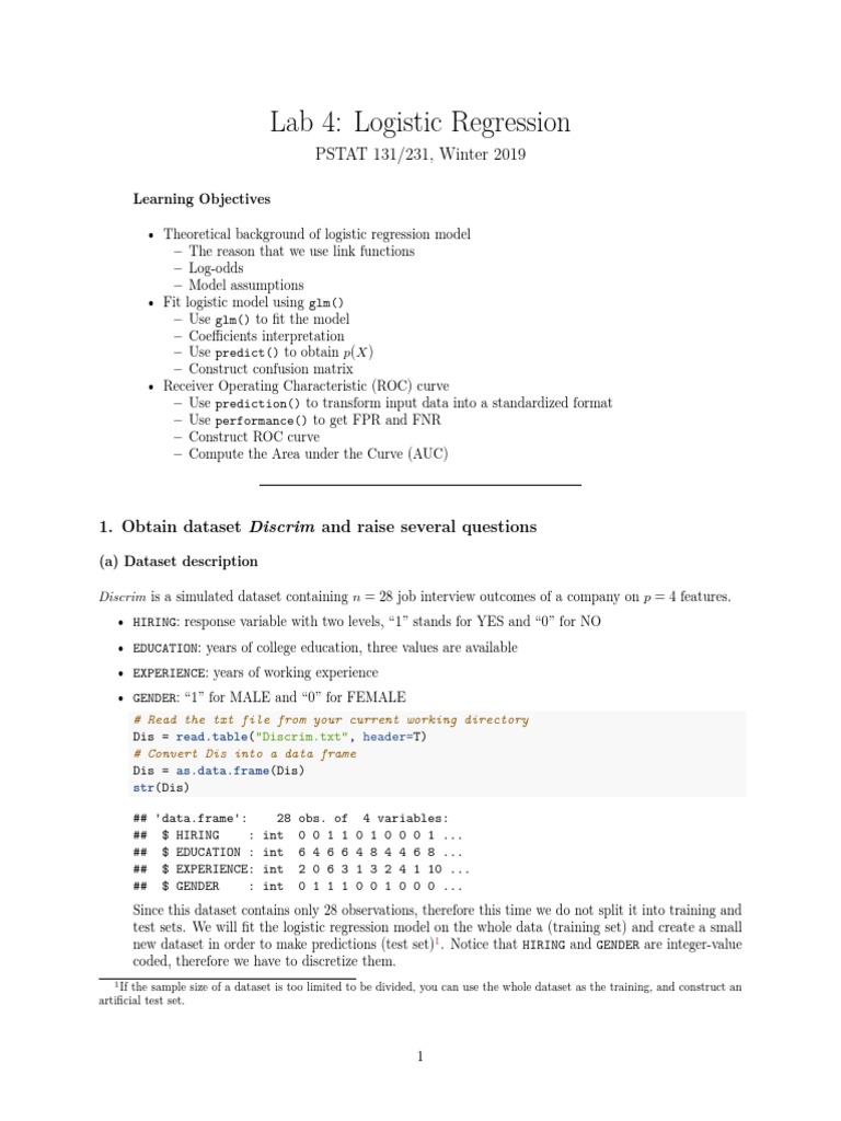Lab 4: Logistic Regression: PSTAT 131/231, Winter 2019 | PDF | Receiver Operating Characteristic ...