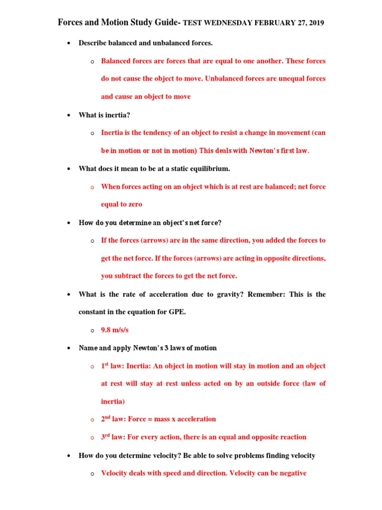 Forces and Motion Hs Study Guide Key | PDF | Inertia | Force